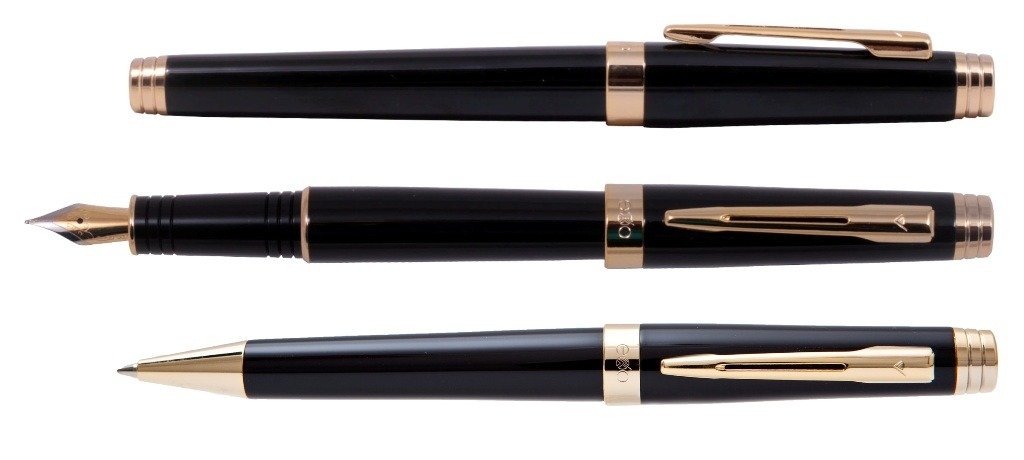 EXO Sagitta fountain pen and ballpoint pen set, black, gold trim ...